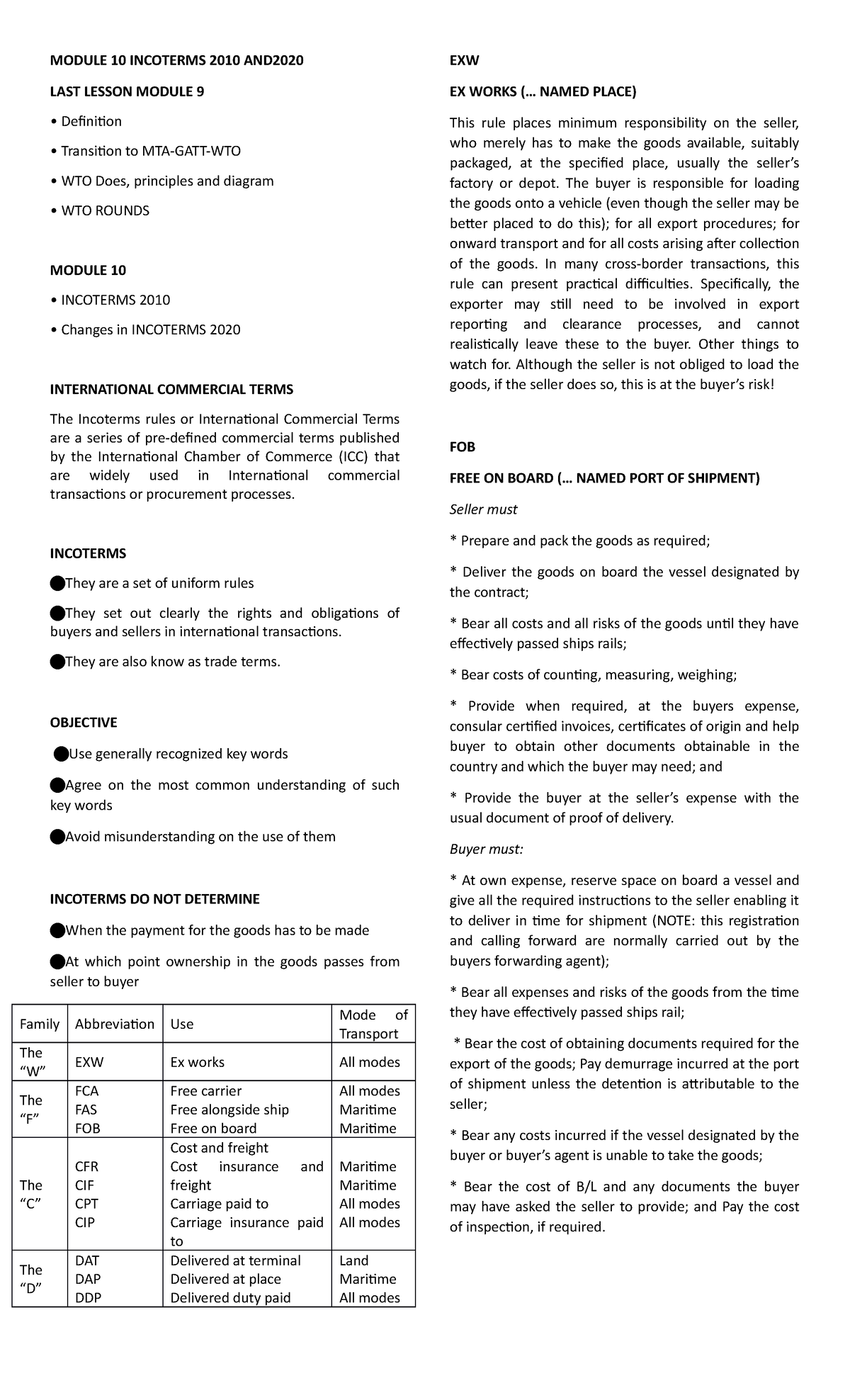 Module 10 - for help - MODULE 10 INCOTERMS 2010 AND LAST LESSON MODULE ...
