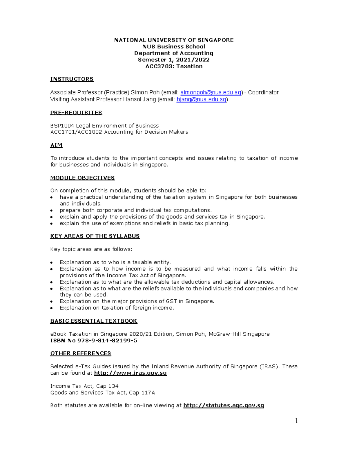 ACC 3703 Taxation Course Outline for AY 2021 22 Sem 1 updated 31 Jul ...