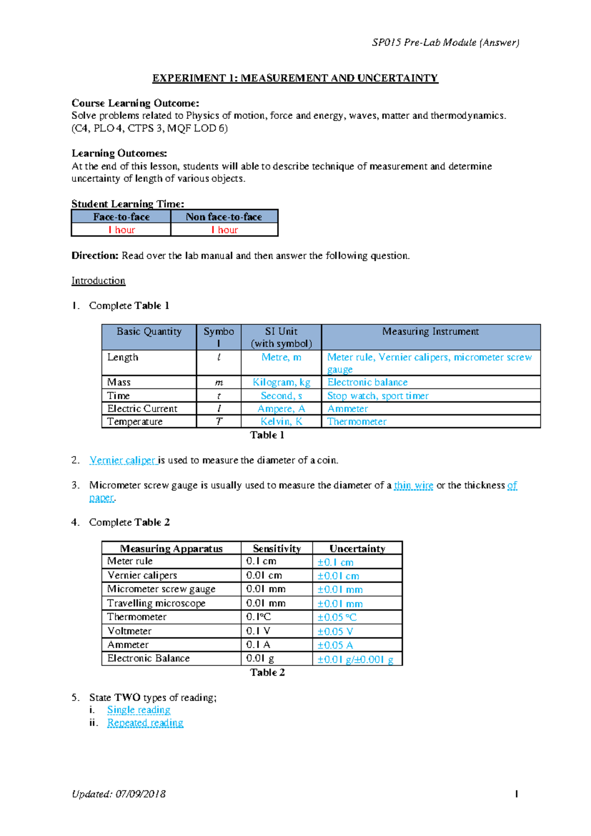 Pre Lab 1 answer - this will help you - EXPERIMENT 1: MEASUREMENT AND ...