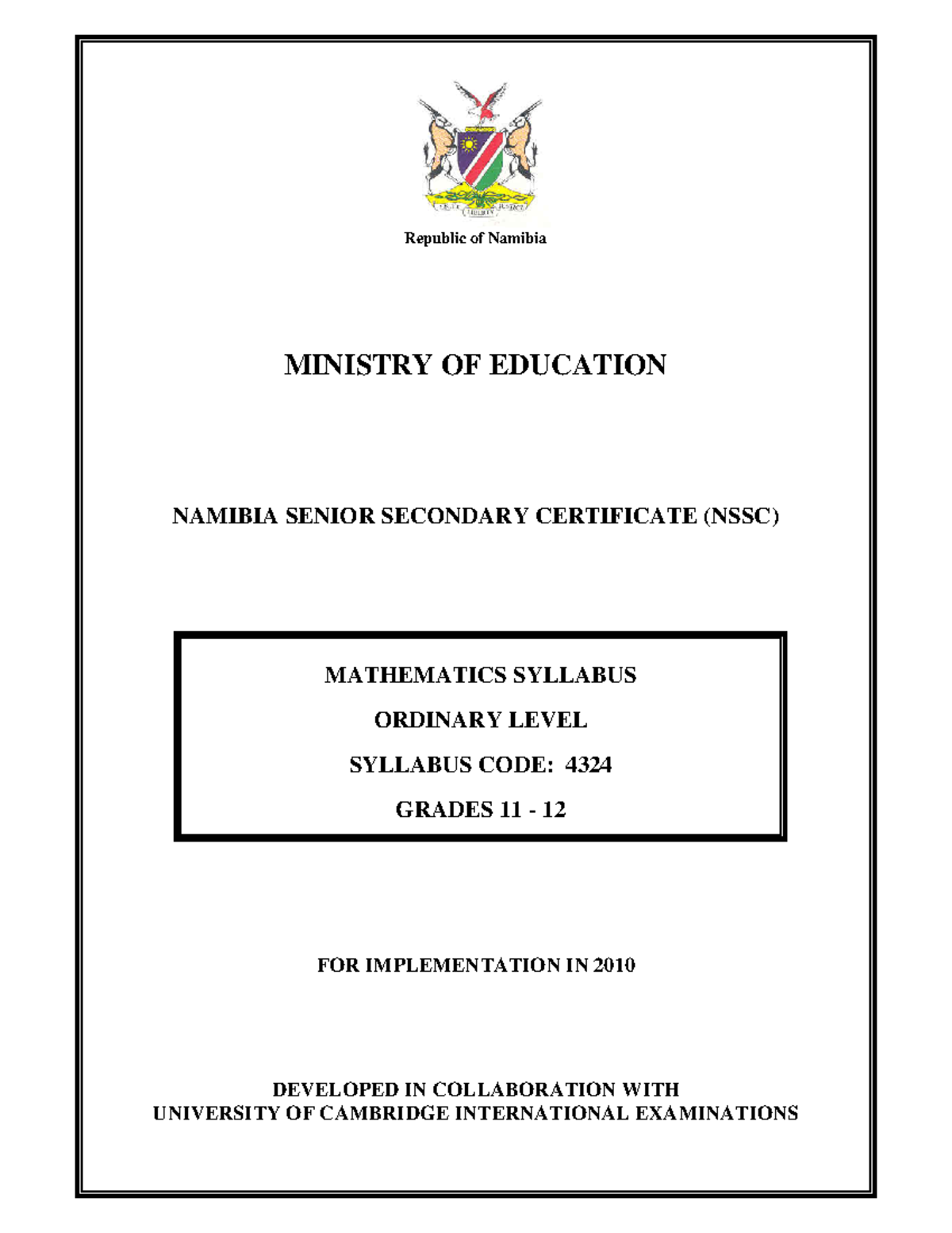 Nssco Syllabuses Math Nov2010 - Republic of Namibia MINISTRY OF ...