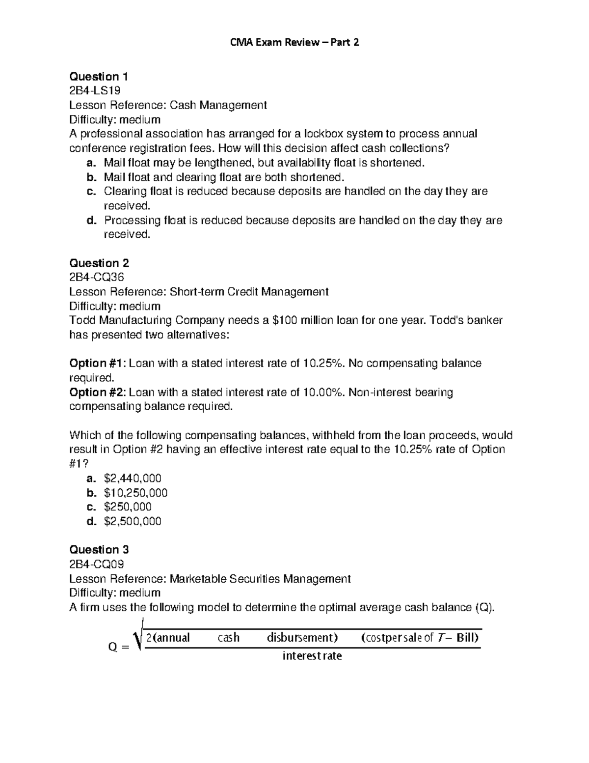 Working Capital Management Review Material - interest rate Question 1 ...