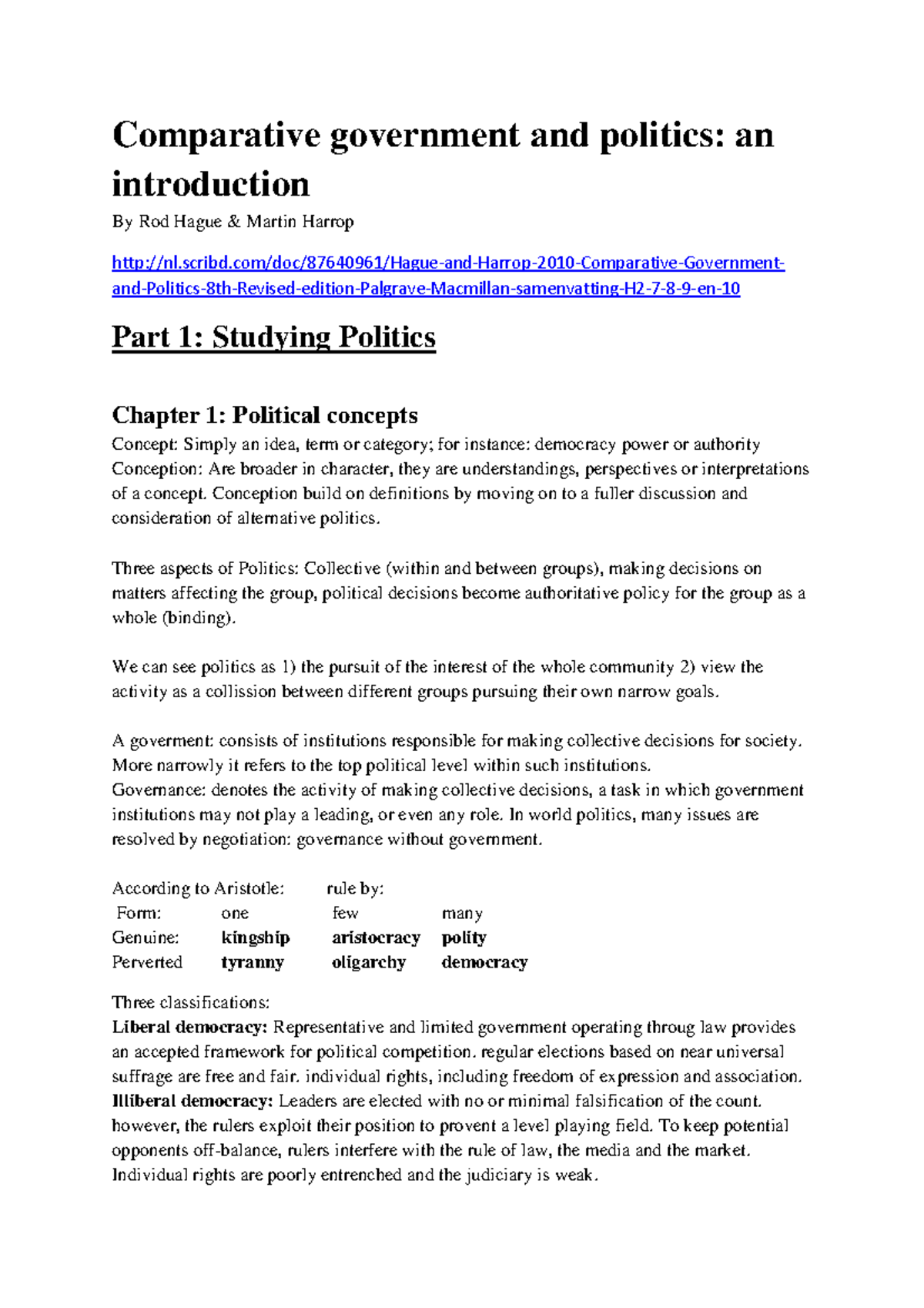 Summary Comparative Politics, Rod Hague and Martin Harrop - Comparative ...