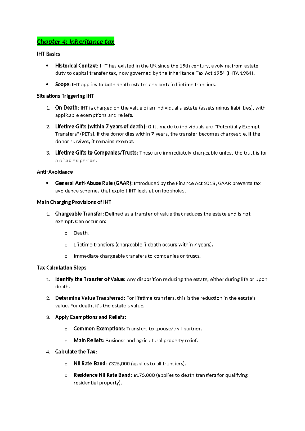 Chapter 4 - notes - Chapter 4: Inheritance tax IHT Basics Historical ...