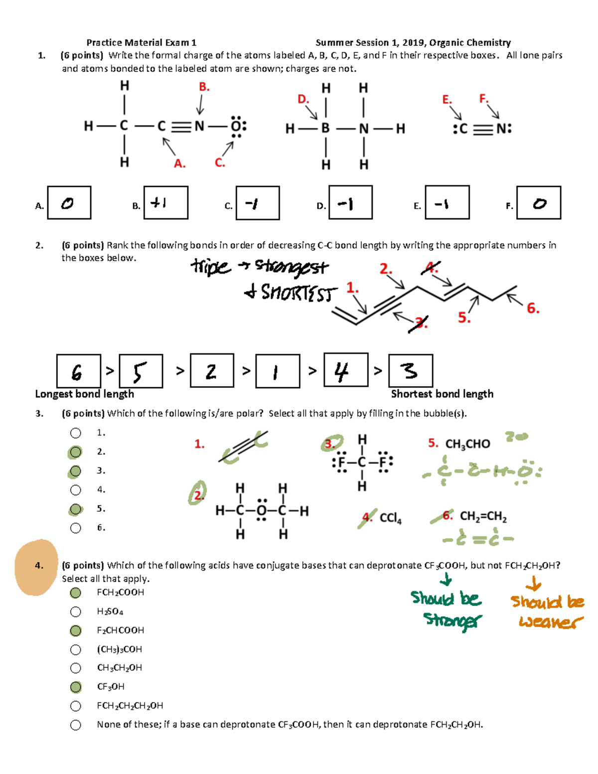 Practice material exam 3 - ( 6 points) Write the formal charge of the ...