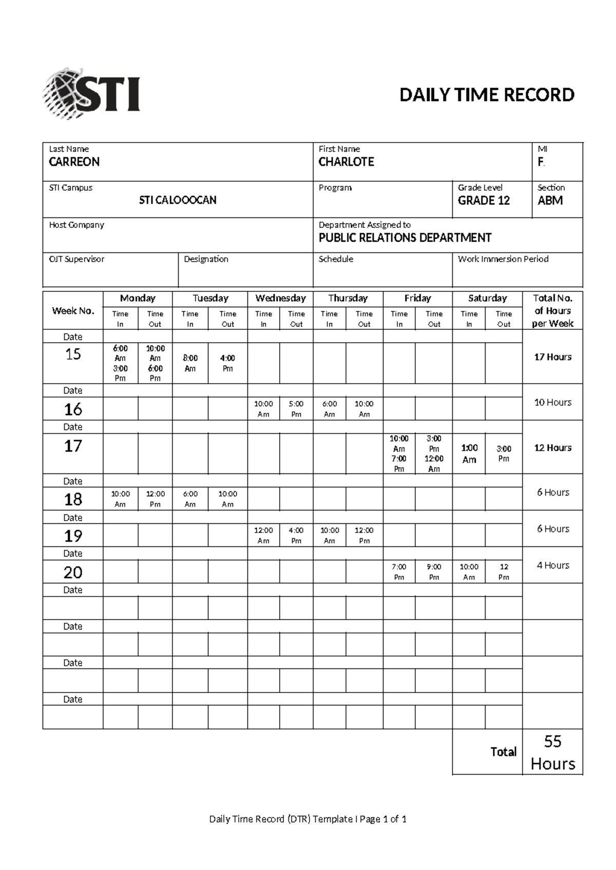 Carreon Dtr ABM 202- March-15-TO- March-20 2 - Last Name CARREON First Name CHARLOTE MI F. STI ...