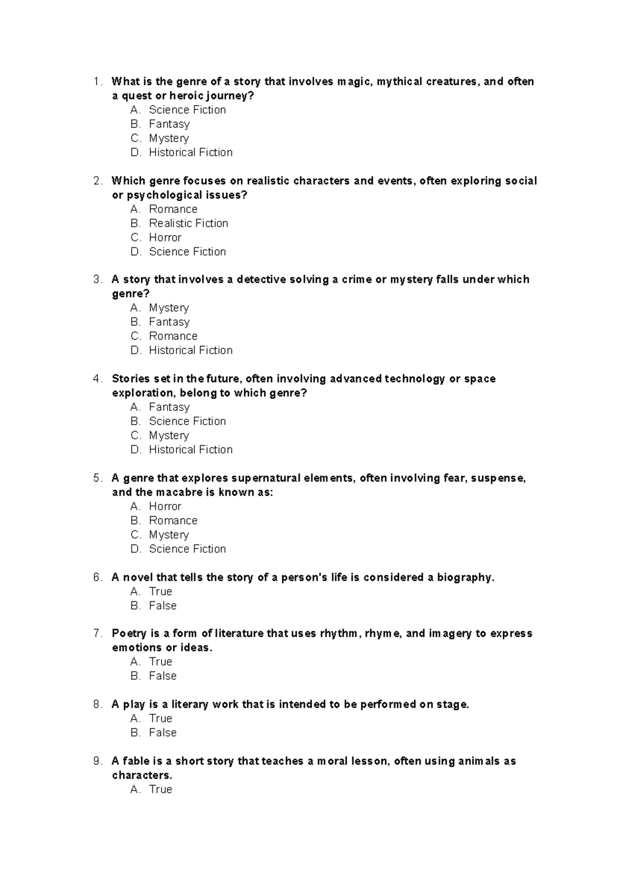 Literature Genre Quiz - Sfete4t - What is the genre of a story that ...