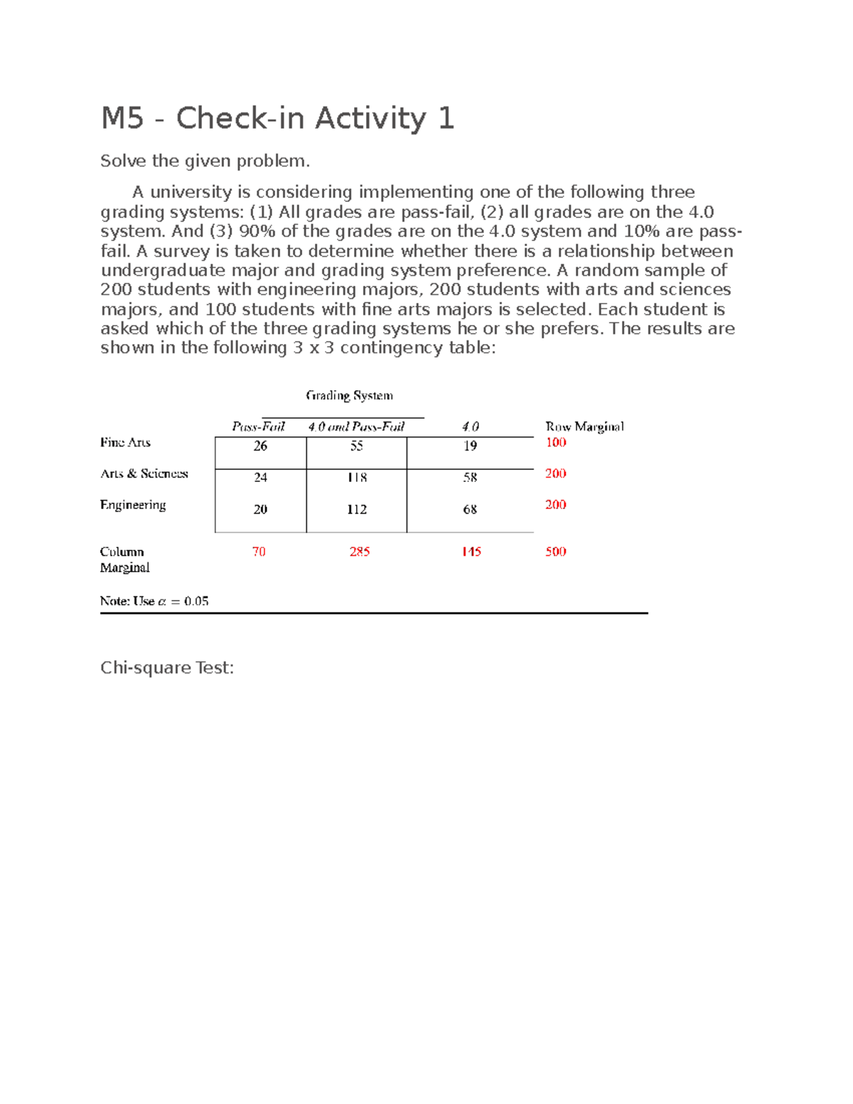 UDAU-M5-Activities - Chi Square - M5 - Check-in Activity 1 Solve the given problem. A university ...