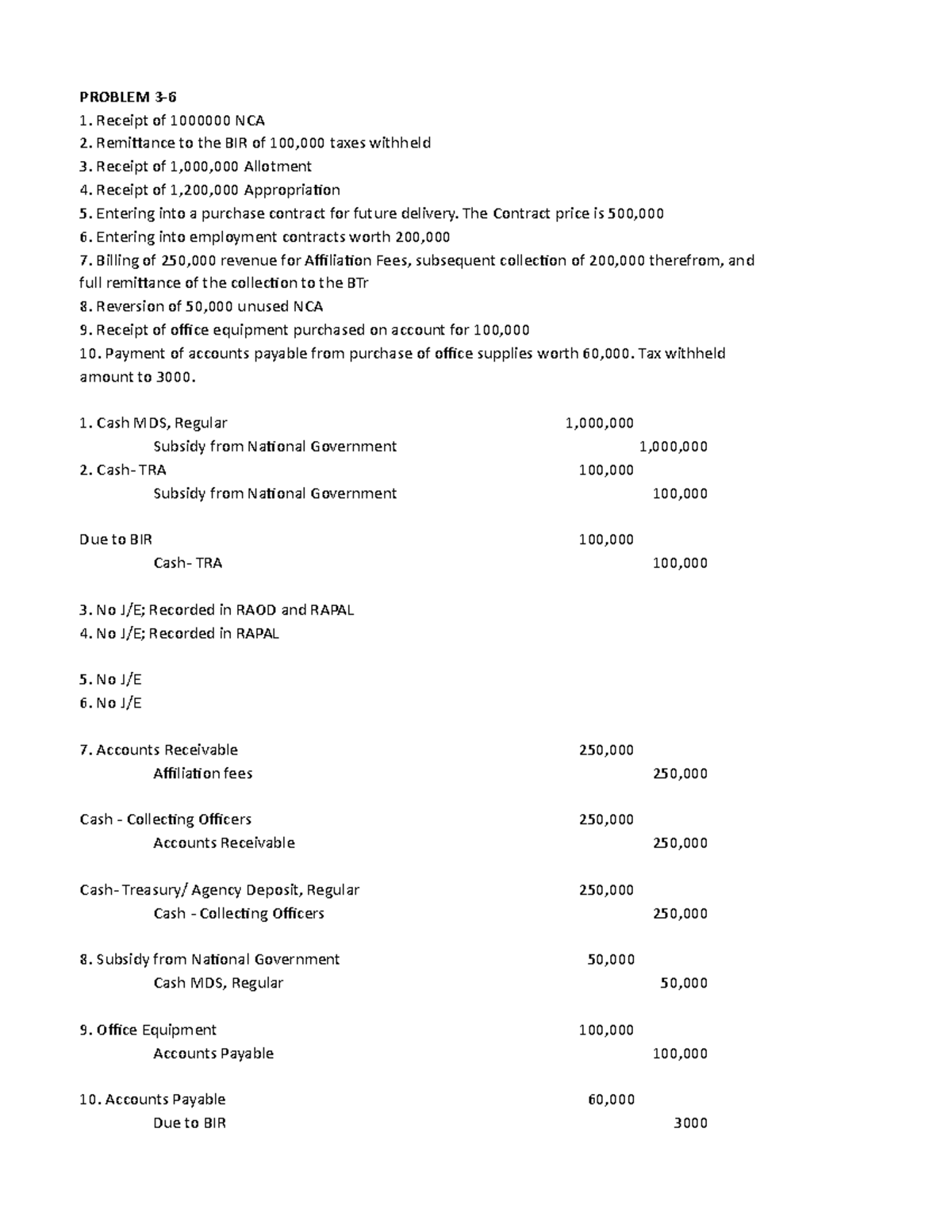 Toaz - N/A - PROBLEM 3- Receipt of 1000000 NCA Remittance to the BIR of ...