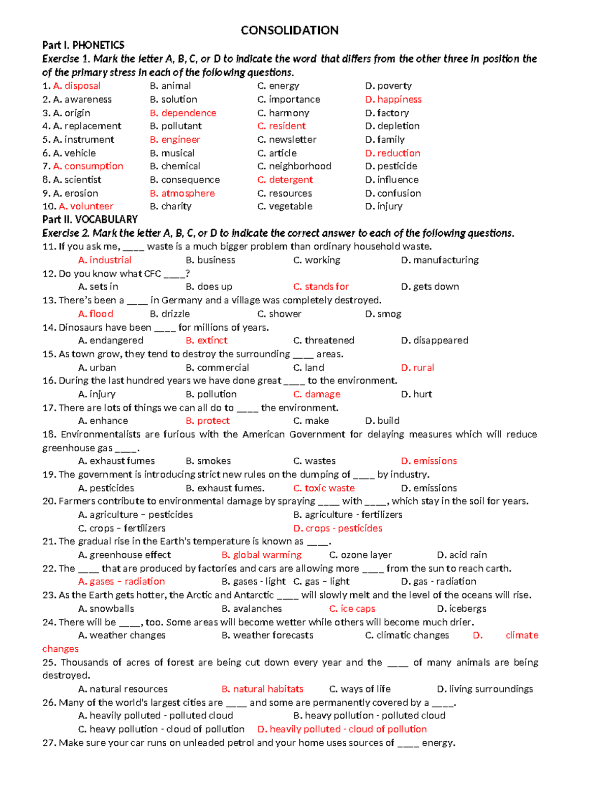 Consolidation - đề toán - CONSOLIDATION Part I. PHONETICS Exercise 1 ...