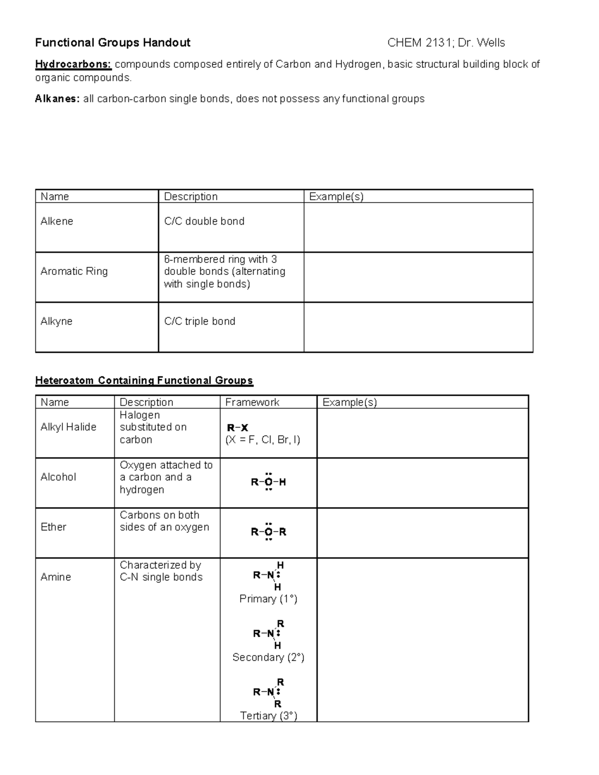 Functional Groups Handout - Wells Hydrocarbons: compounds composed ...