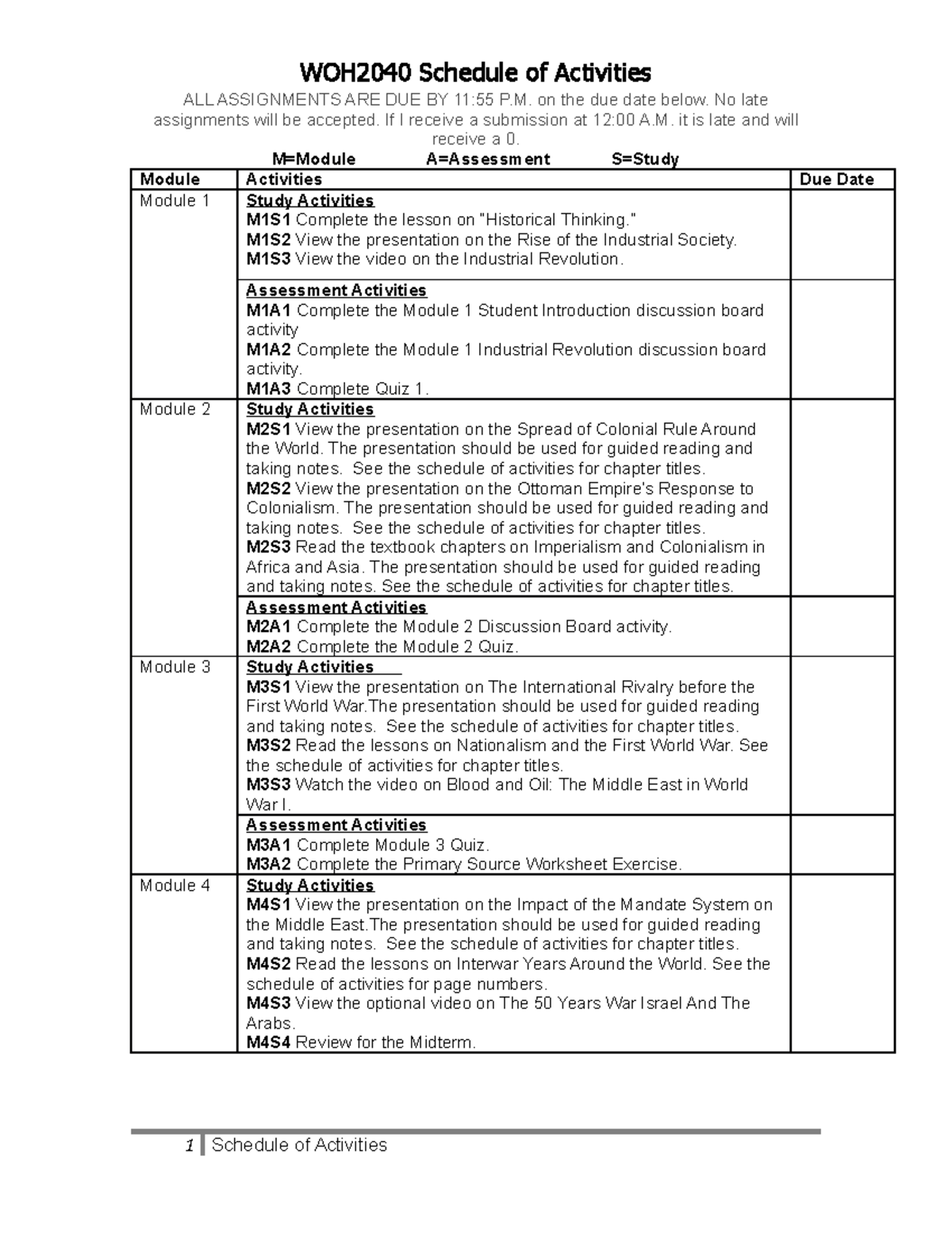 2016 1 WOH2040 Schedule of Activities - WOH 2040 Schedule of Activities ...