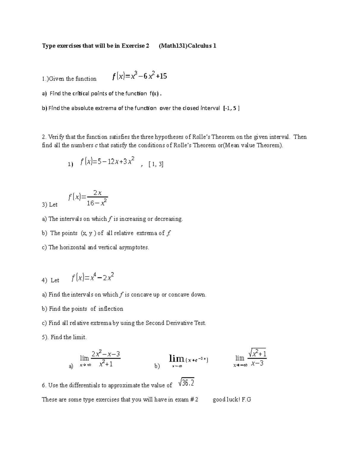 Type of exercise for Exam#2 - Type exercises that will be in Exercise 2 ...