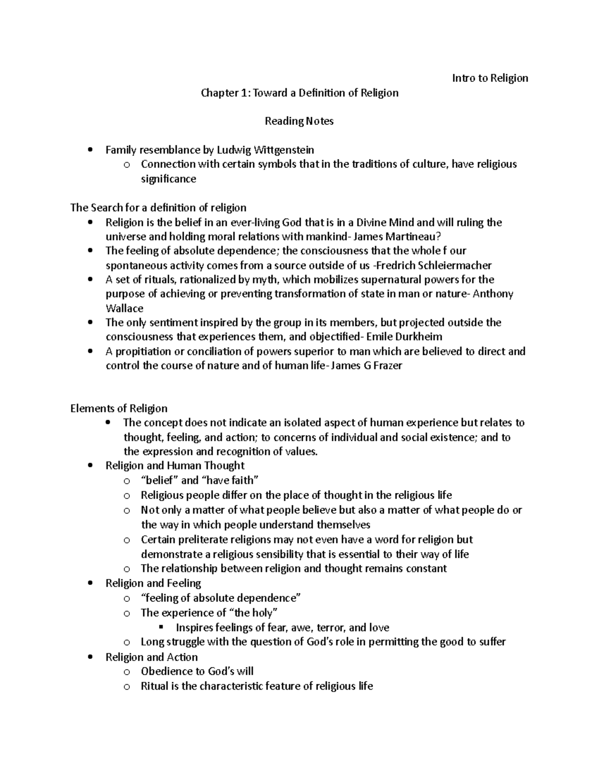Chapter 1 - notes - Intro to Religion Chapter 1: Toward a Definition of ...
