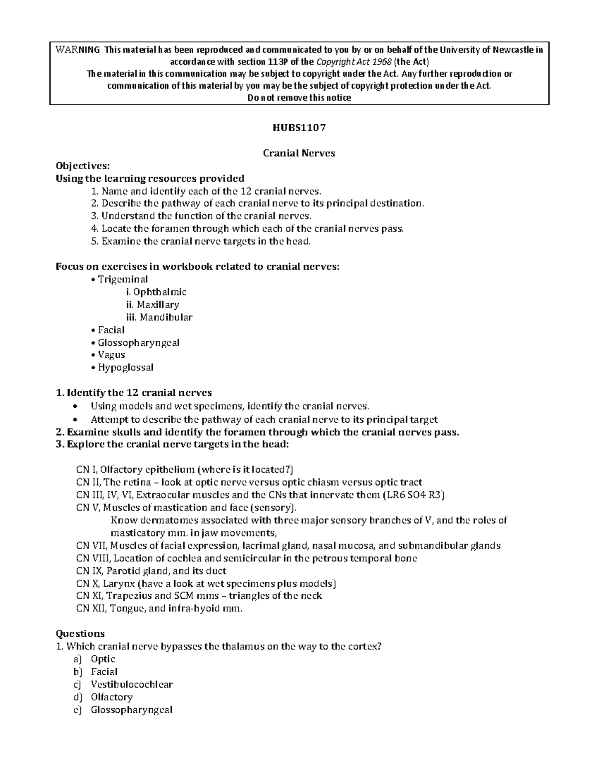 Lab notes Week 9 Cranial Nerves - WARNING This material has been ...