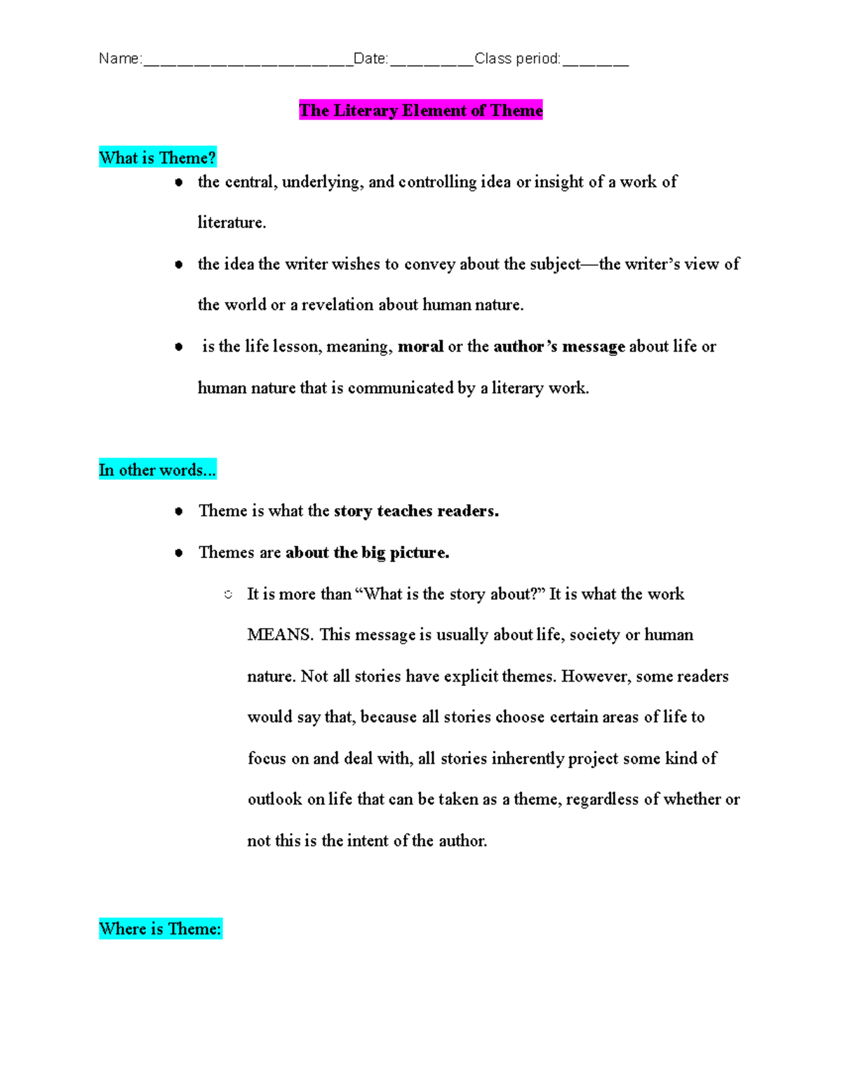 Theme Notes - The Literary Element of Theme What is Theme? the central ...