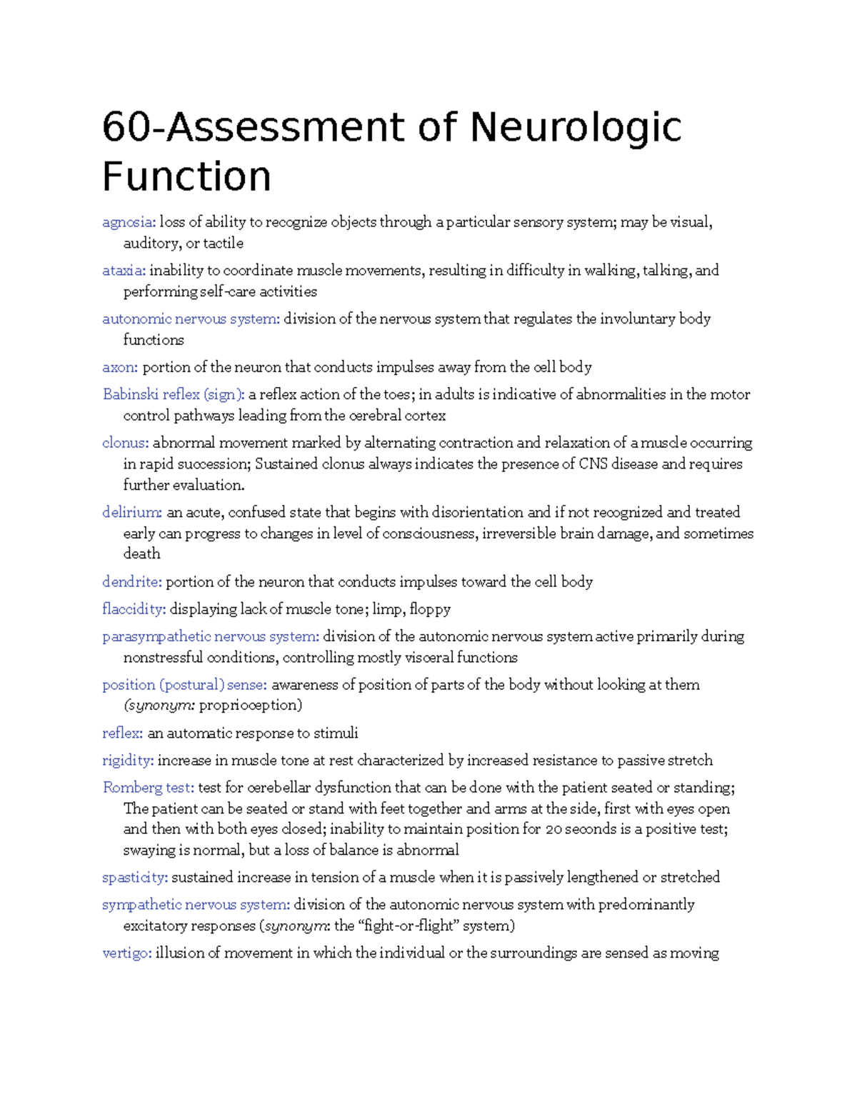 60-MS study guide - 60-Assessment of Neurologic Function agnosia: loss ...