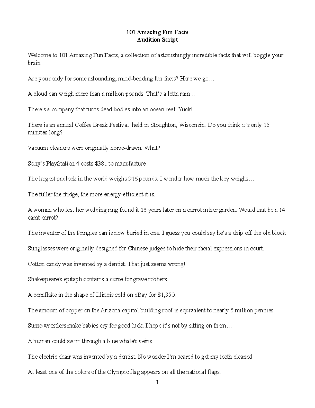 101 Amazing Fun Facts - Audition Script - 101 Amazing Fun Facts ...