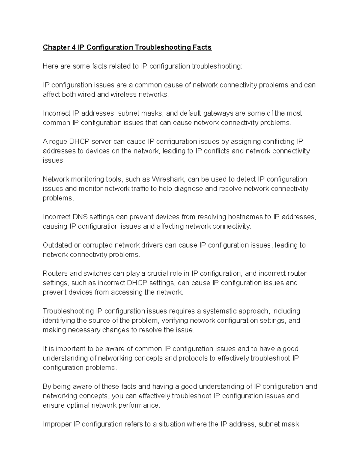 Chapter 4 IP Configuration Troubleshooting Facts - Incorrect IP addresses, subnet masks, and ...