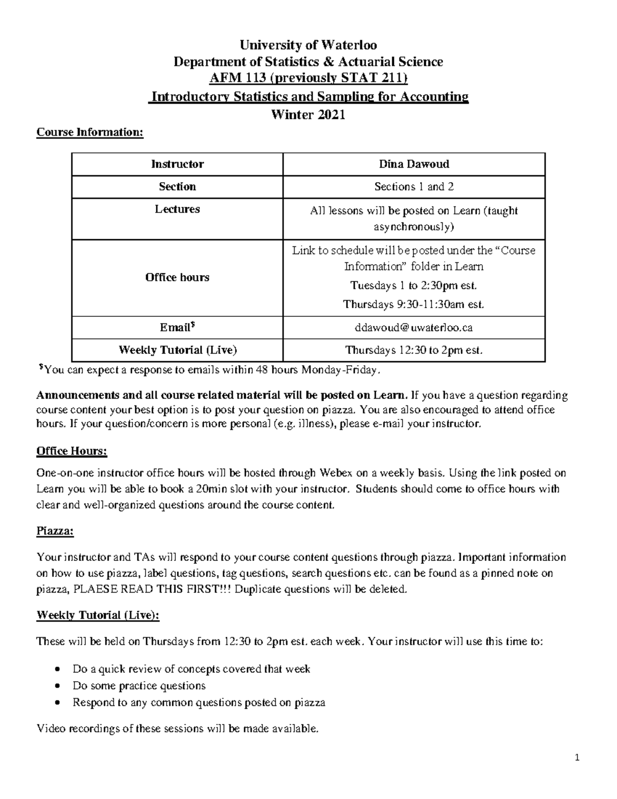 AFM 113 Course outline W21 - University of Waterloo Department of ...