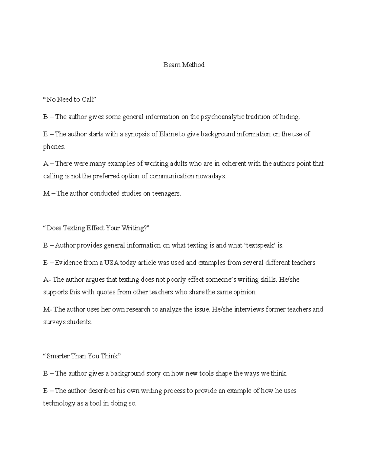Beam Method HW - Writing about Literature - Beam Method “No Need to ...