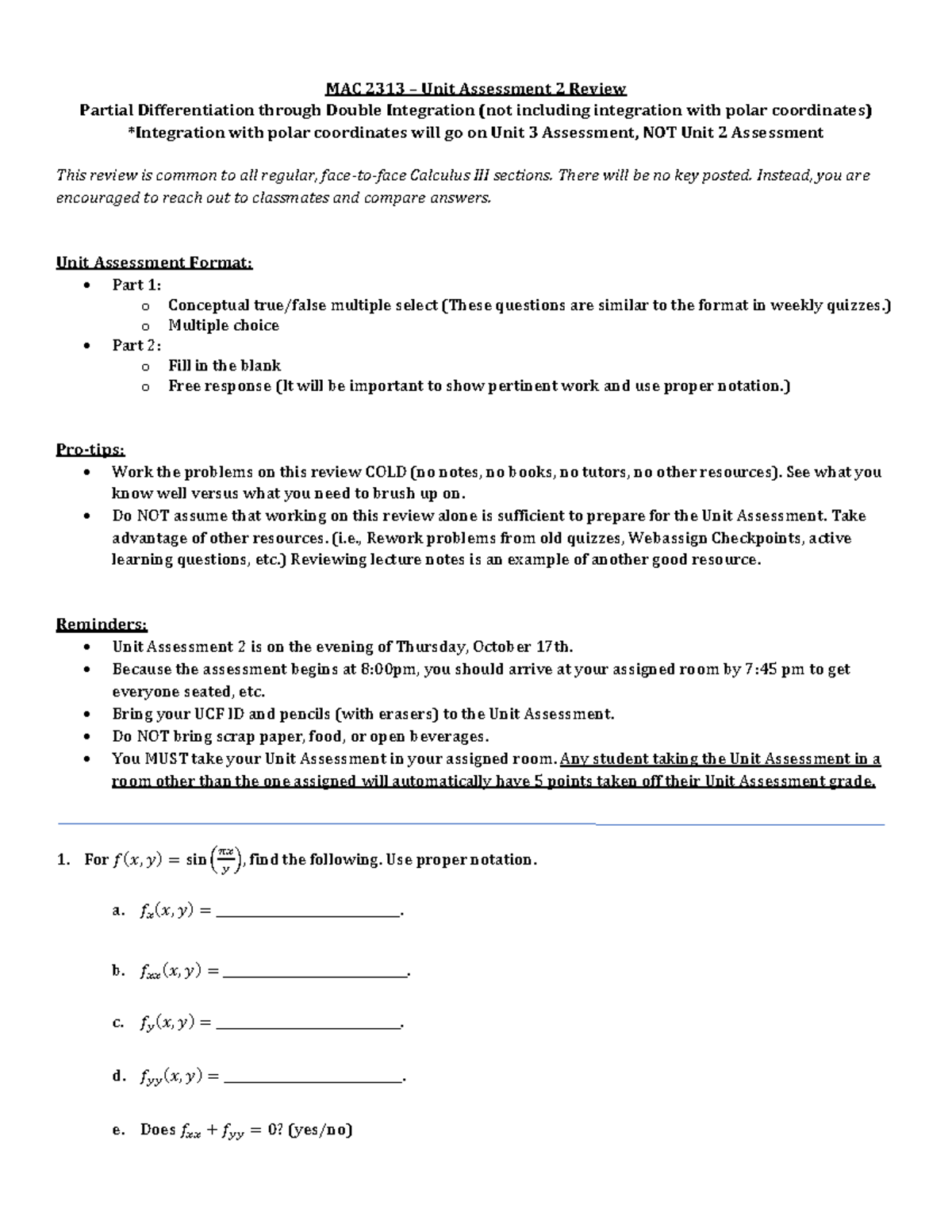Unit 2 Assessment Review - MAC 2313 – Unit Assessment 2 Review Partial ...