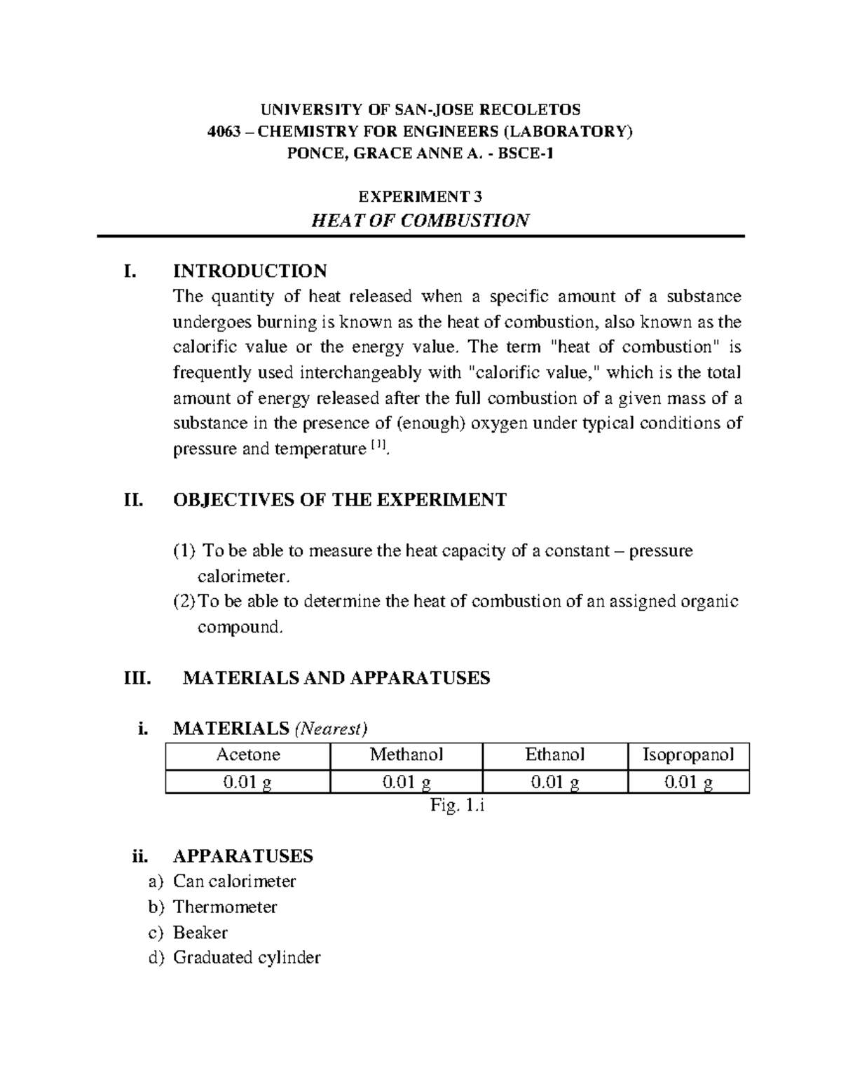 LAB Report#3 HEAT OF Combustion - UNIVERSITY OF SAN-JOSE RECOLETOS 4063 ...