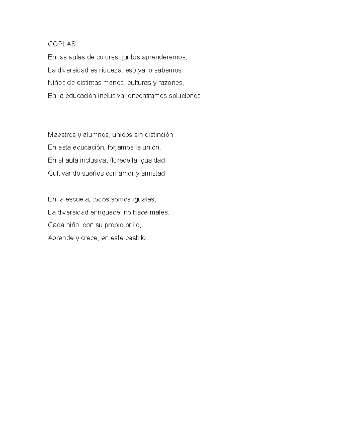Coplas - COPLAS En las aulas de colores, juntos aprenderemos, La ...