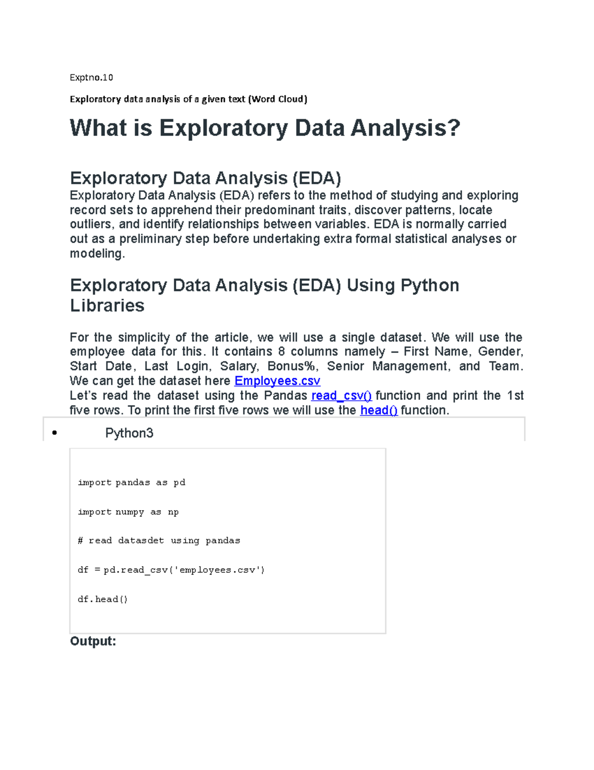 Exptno 10 - Mumbai university -NLP Practical - Exptno. Exploratory data analysis of a given text ...