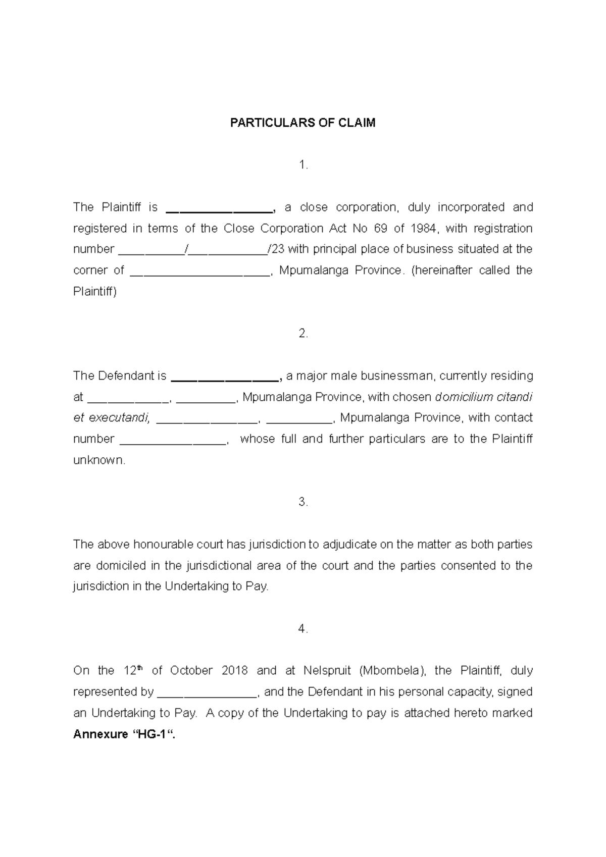 Particulars OF Claim - Undertaking TO PAY - PARTICULARS OF CLAIM 1. The ...