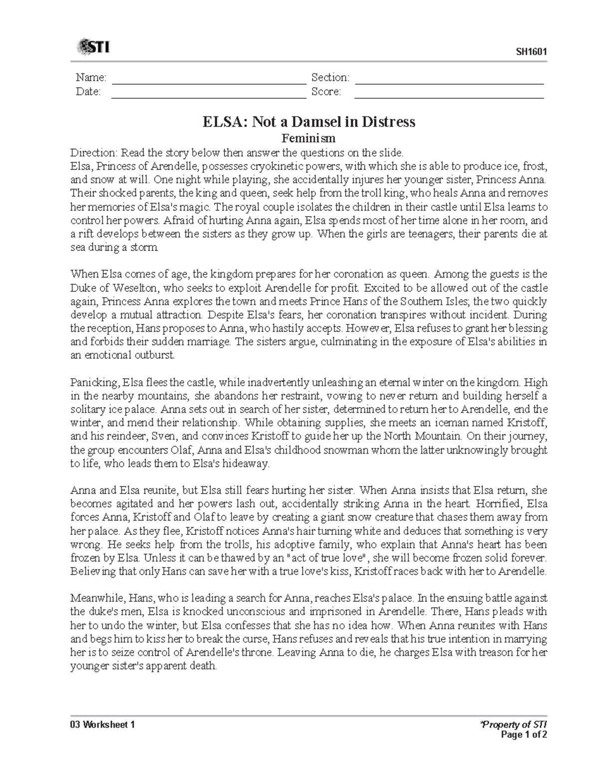 03 ELSA NOT A Damsel IN Distress ( Worksheet 1) - SH 03 Worksheet 1 ...