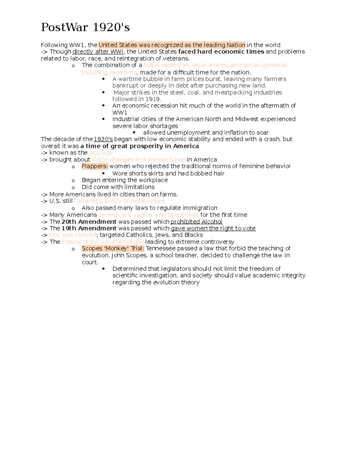 Post War 1920's - Post War 1920's Notes - PostWar 1920's Following WW1 ...