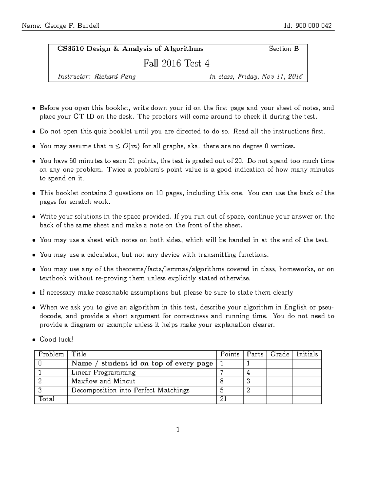 Test 4 Fa16 Practice Tests Cs3510 Design And Analysis Of Algorithms Section B Fall 2016 Test 4