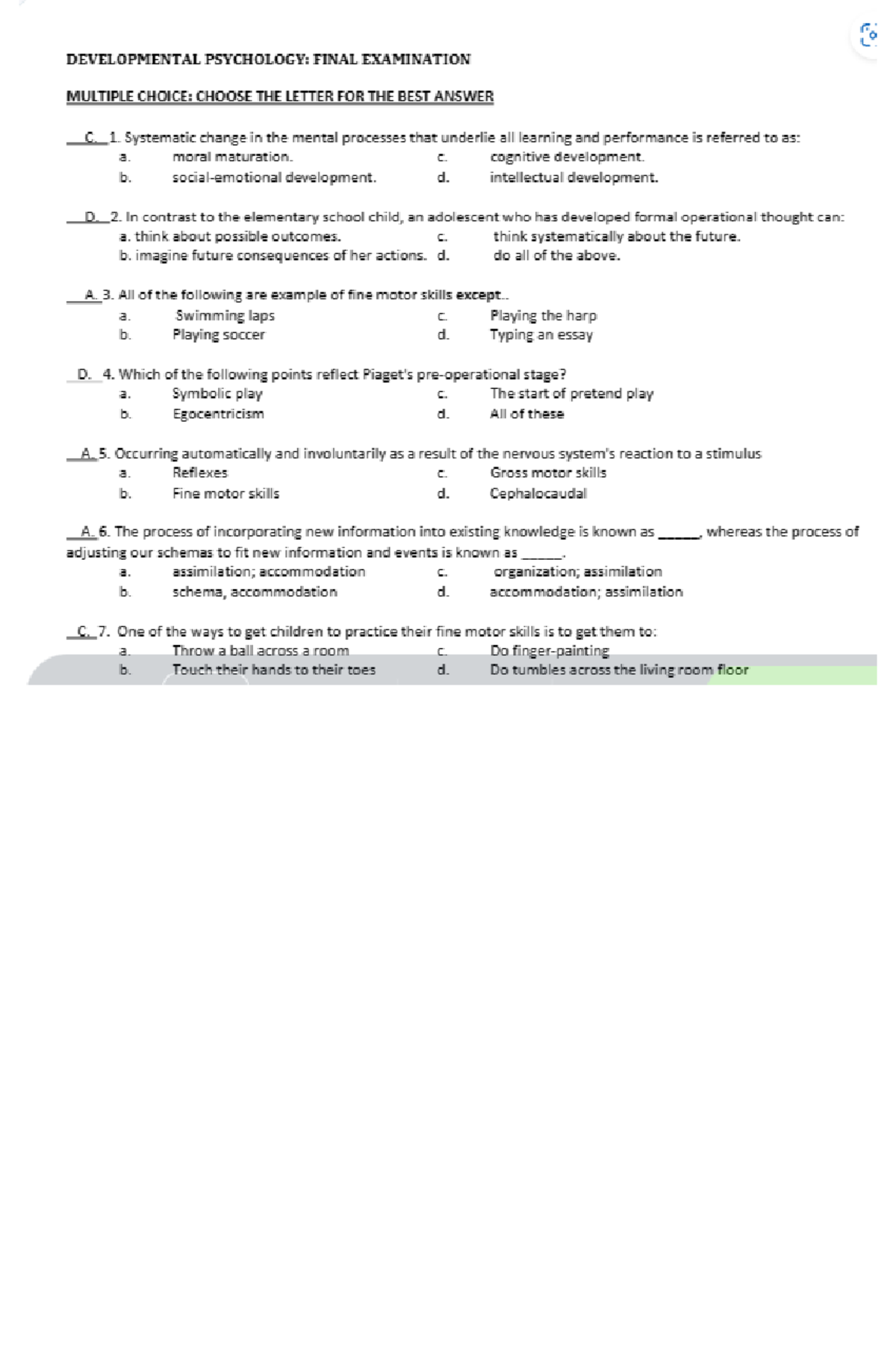 Development Psych - Practice Test - Psychology - Studocu