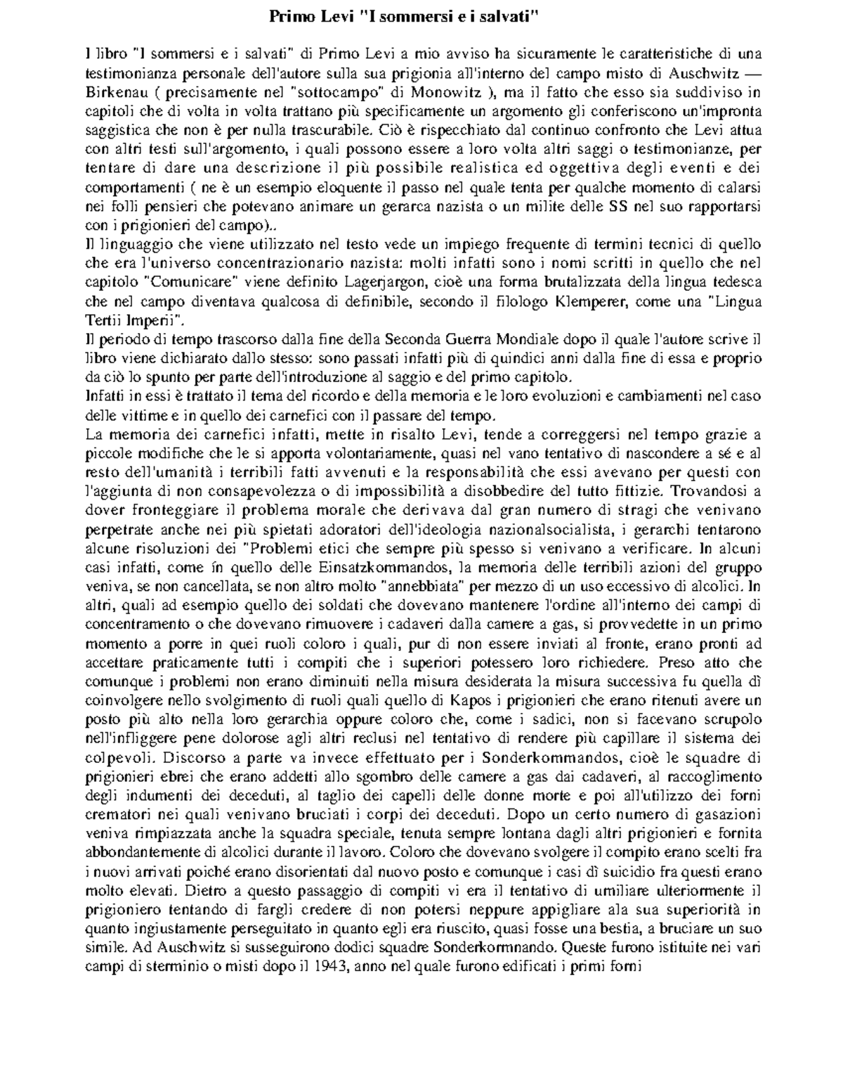 riassunto primo levi - Economy - Hunimed - Studocu