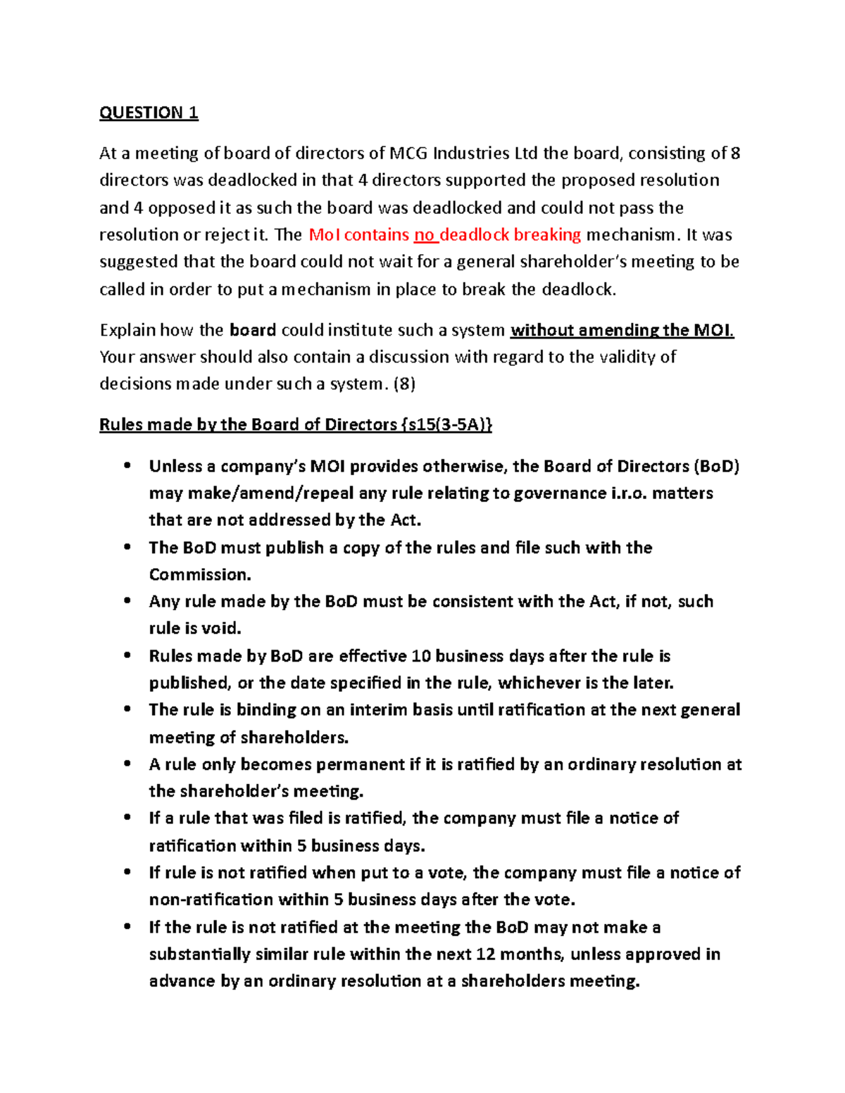 Examples With Answers QUESTION 1 At A Meeting Of Board Of Directors