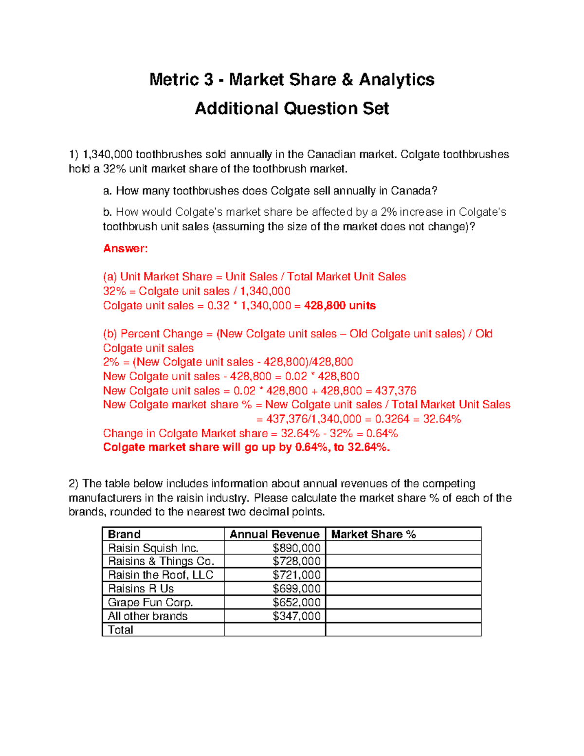 Metric 3 - Marketshare Additional Question Set - MKT100 - Toronto Met ...