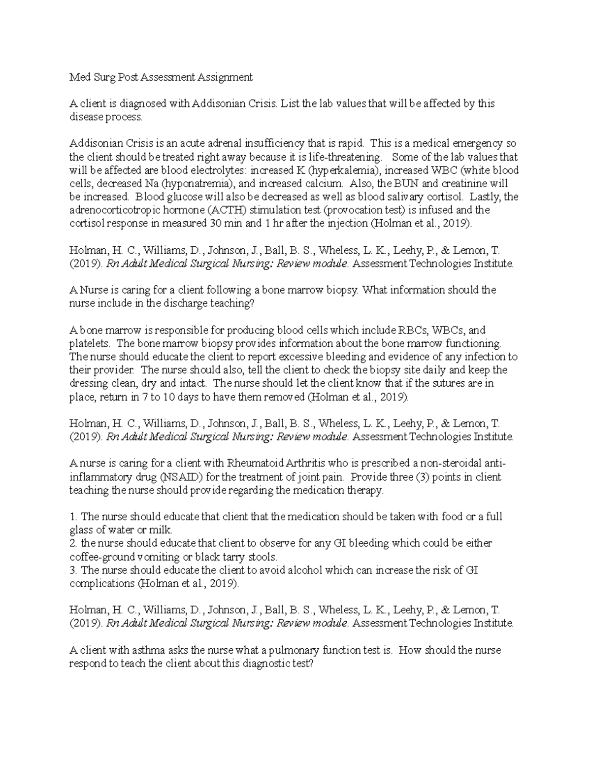 Med Surg Post Assessment Assignment - List the lab values that will be ...