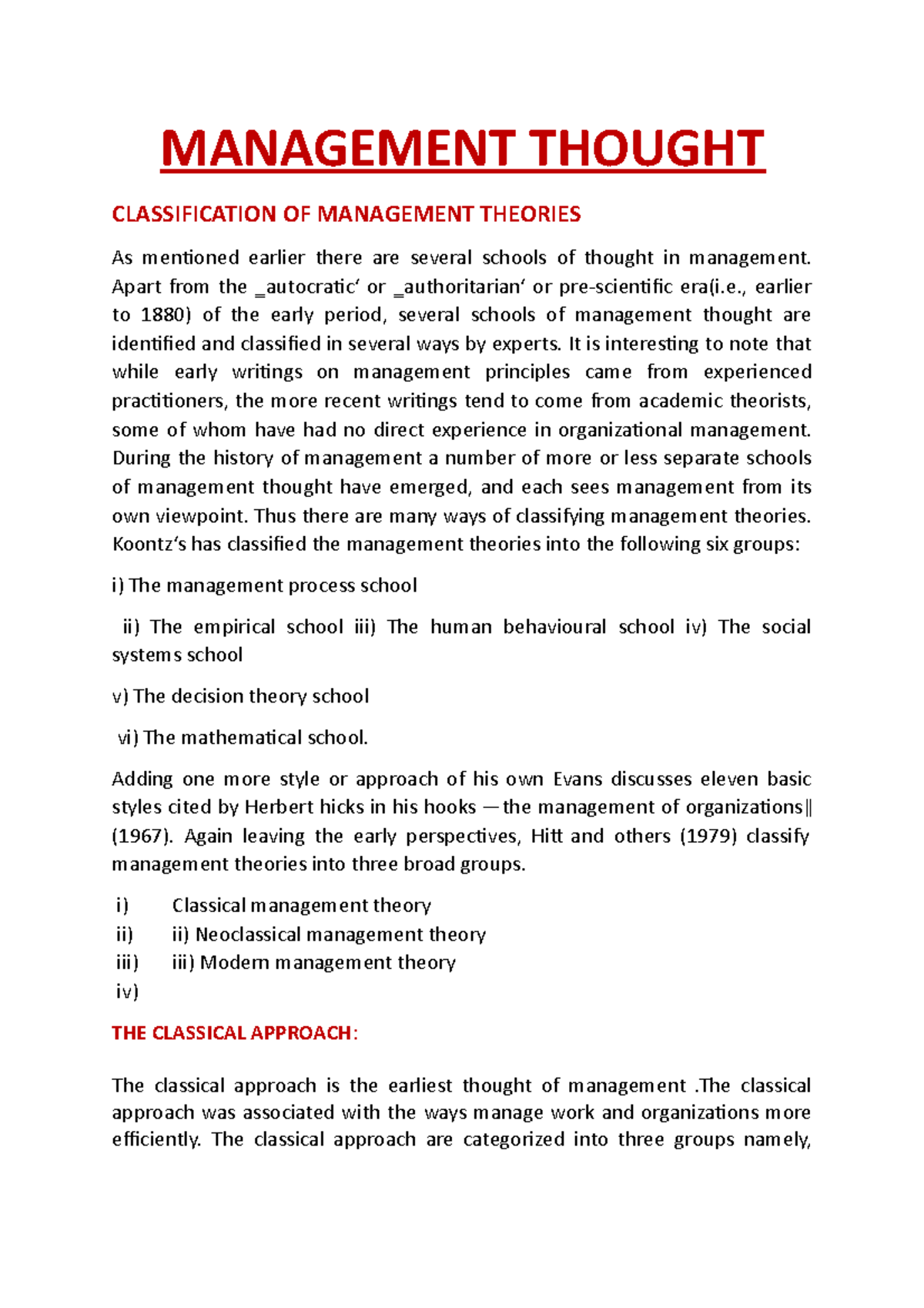 Management Thought - MANAGEMENT THOUGHT CLASSIFICATION OF MANAGEMENT ...