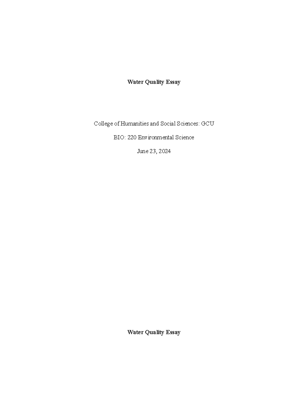 Water Quality Essay - Water Quality Essay College of Humanities and ...