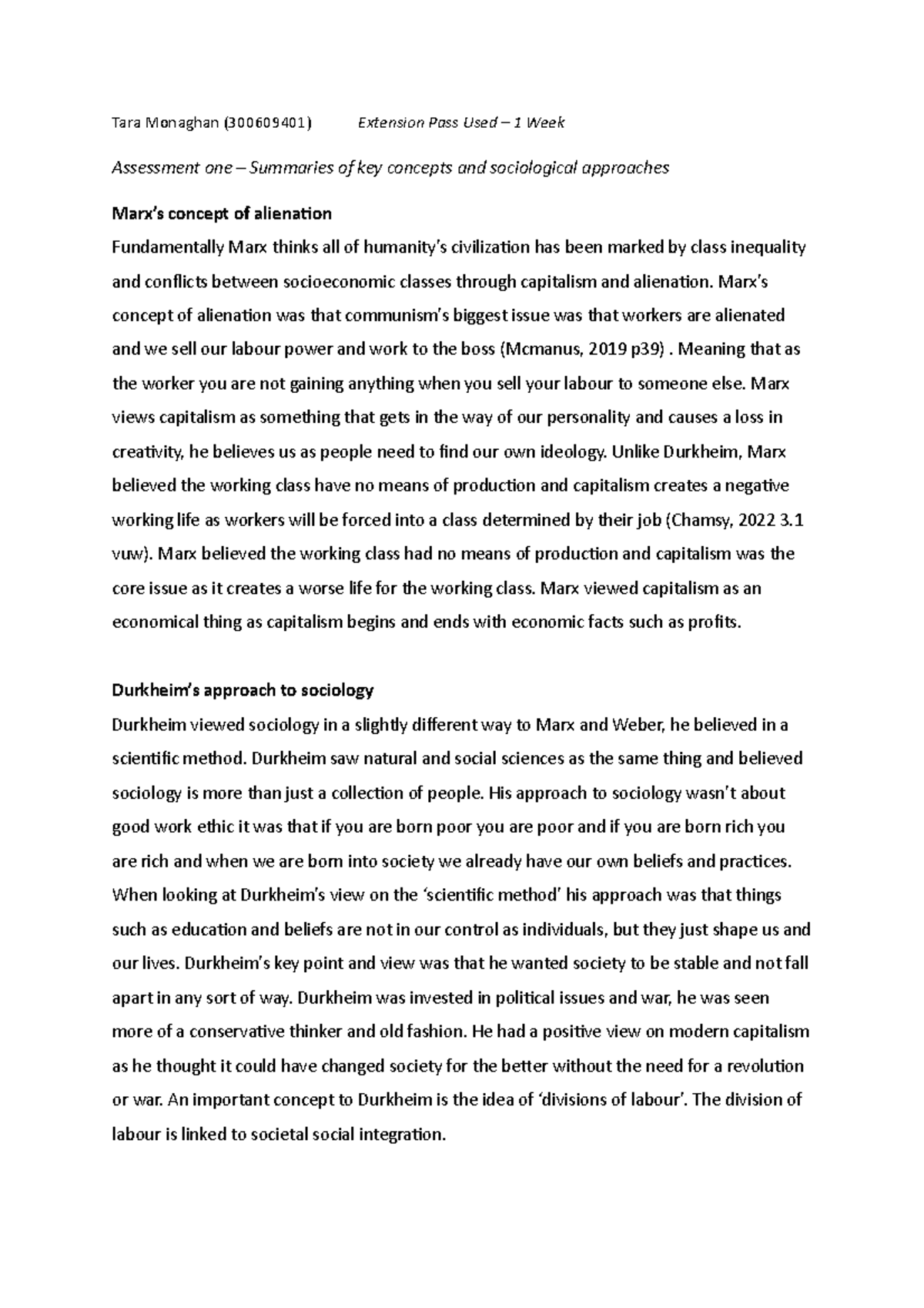 Sociology 111 essay one - Tara Monaghan (300609401) Extension Pass Used ...