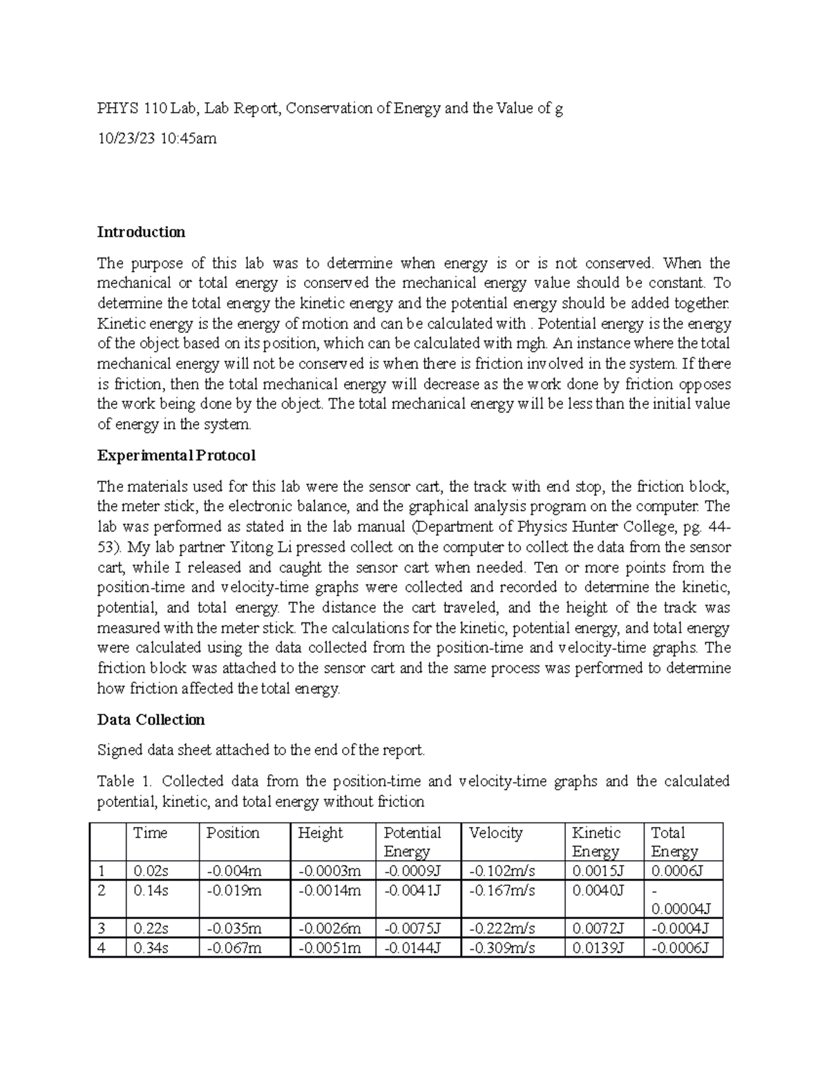 Lab Report 6 Conservation of Energy and the Value of g - When the ...