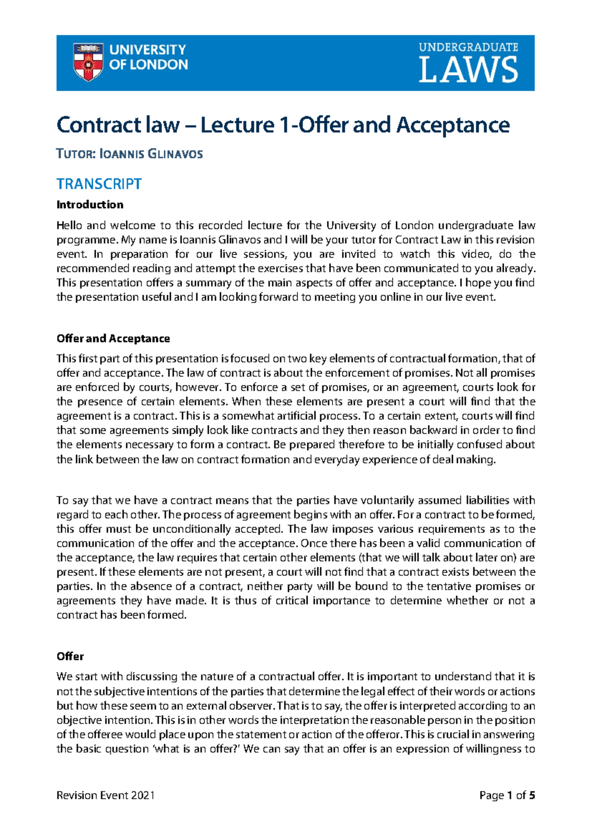 Contract law Lecture 1 Offer and Acceptance - Transcript - Contract law – Lecture 1-Offer and ...