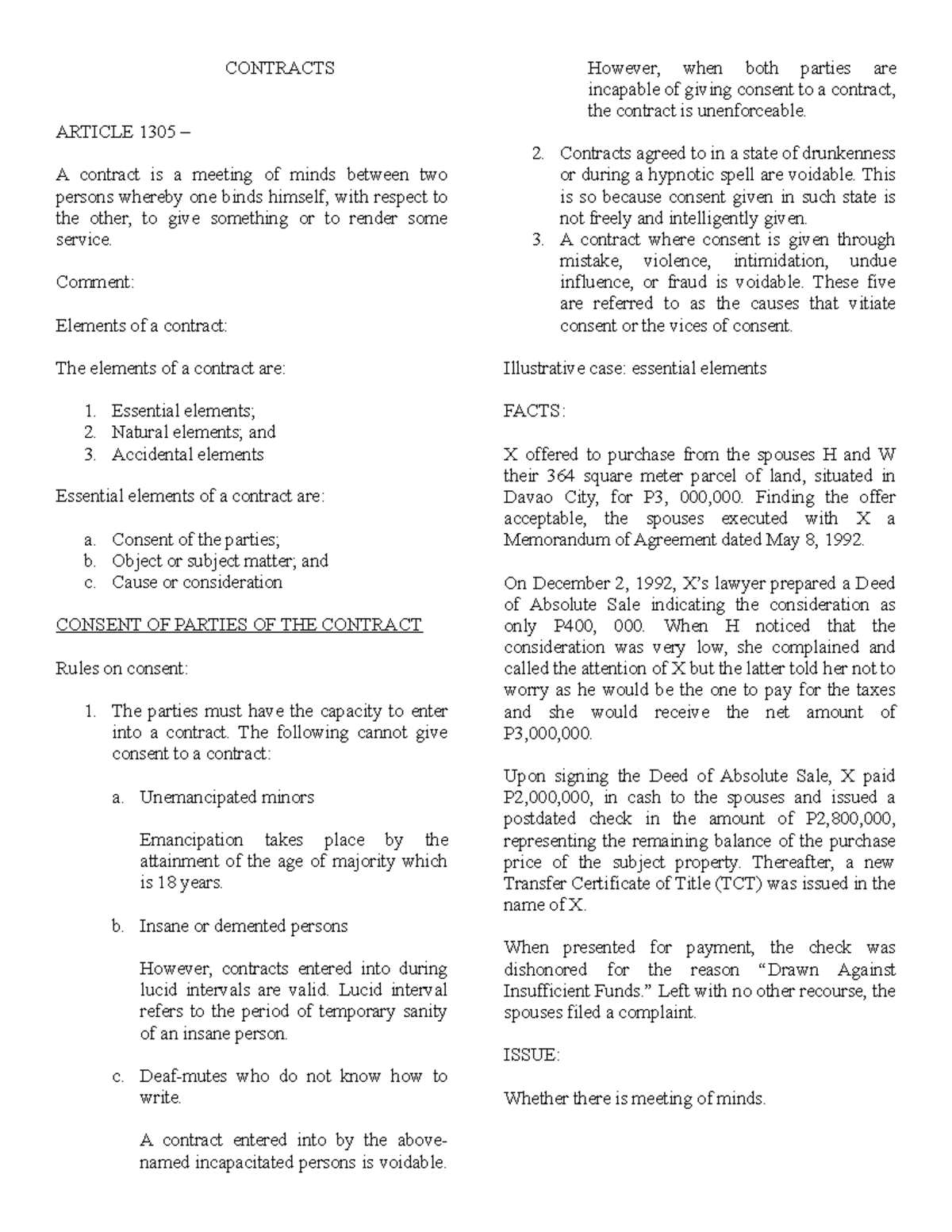 1305-1306 - Good - CONTRACTS ARTICLE 1305 – A contract is a meeting of minds between two persons ...
