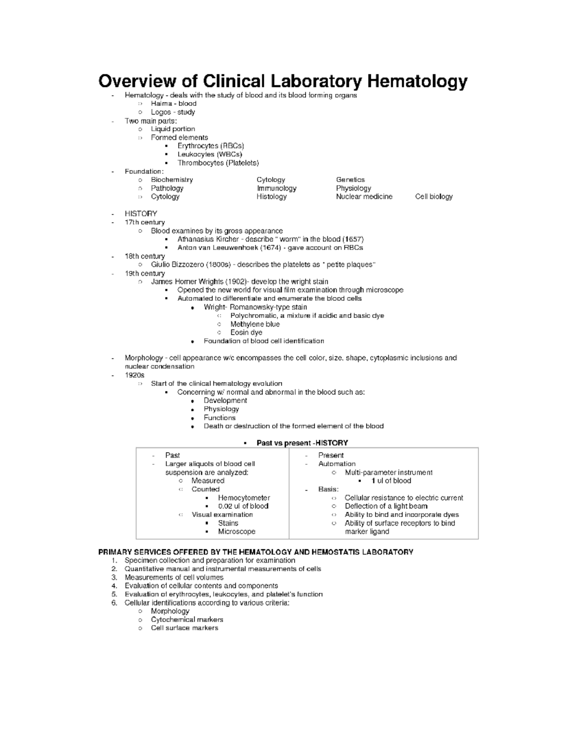 Overview of Clinical Laboratory Hematology - Medical Technology - Studocu