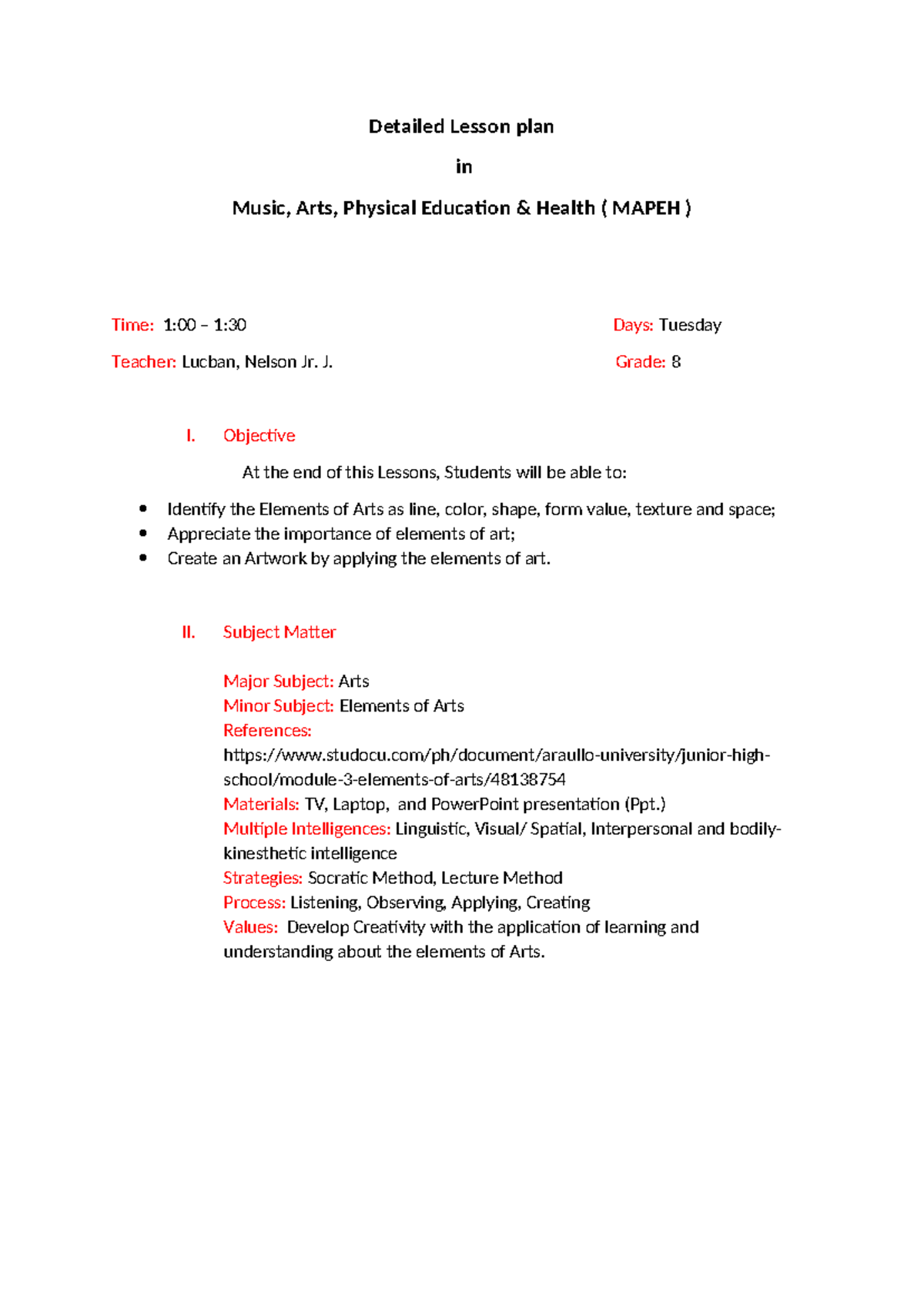 Art Lesson Plan - Detailed Lesson plan in Music, Arts, Physical ...