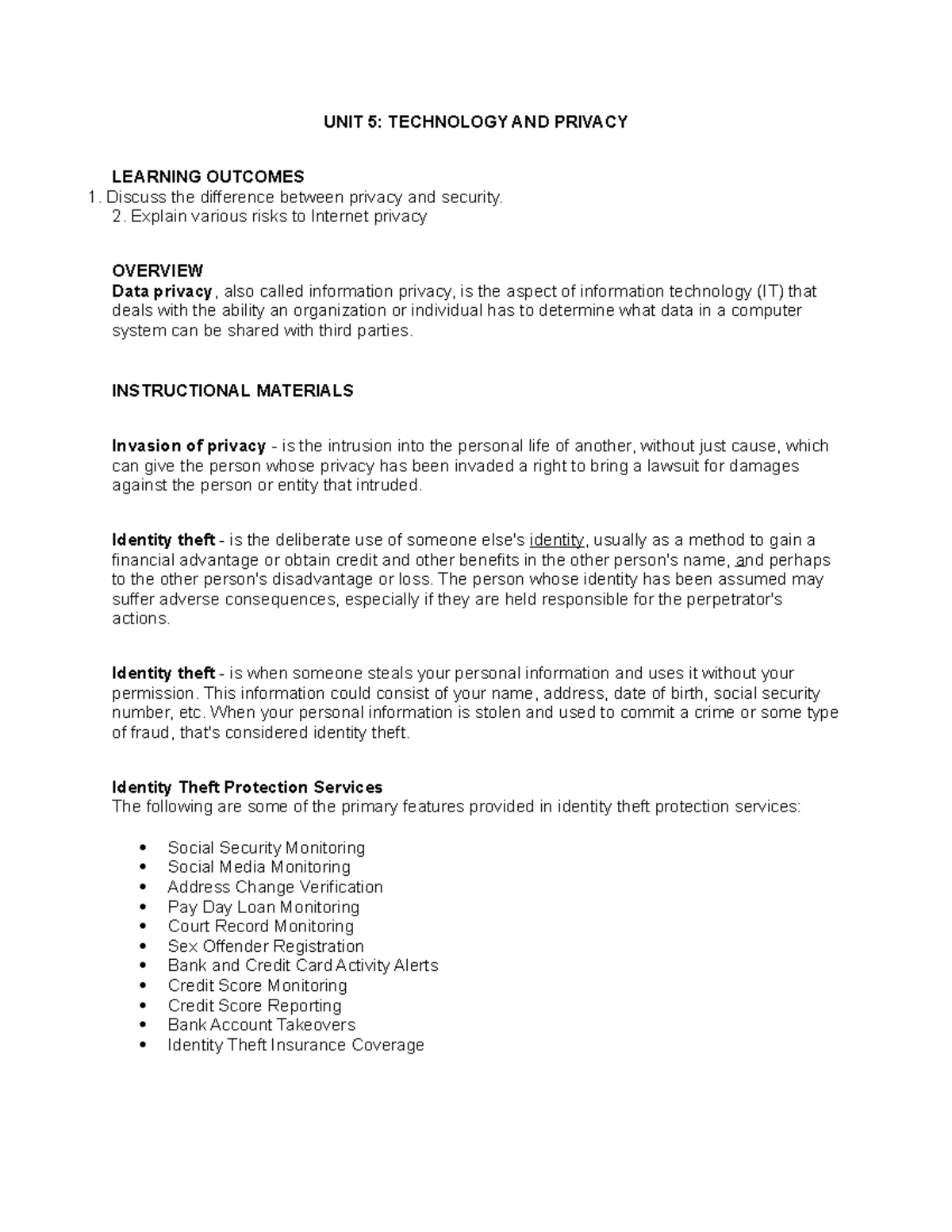 Unit 5 IT - IT ims - UNIT 5: TECHNOLOGY AND PRIVACY LEARNING OUTCOMES 1 ...