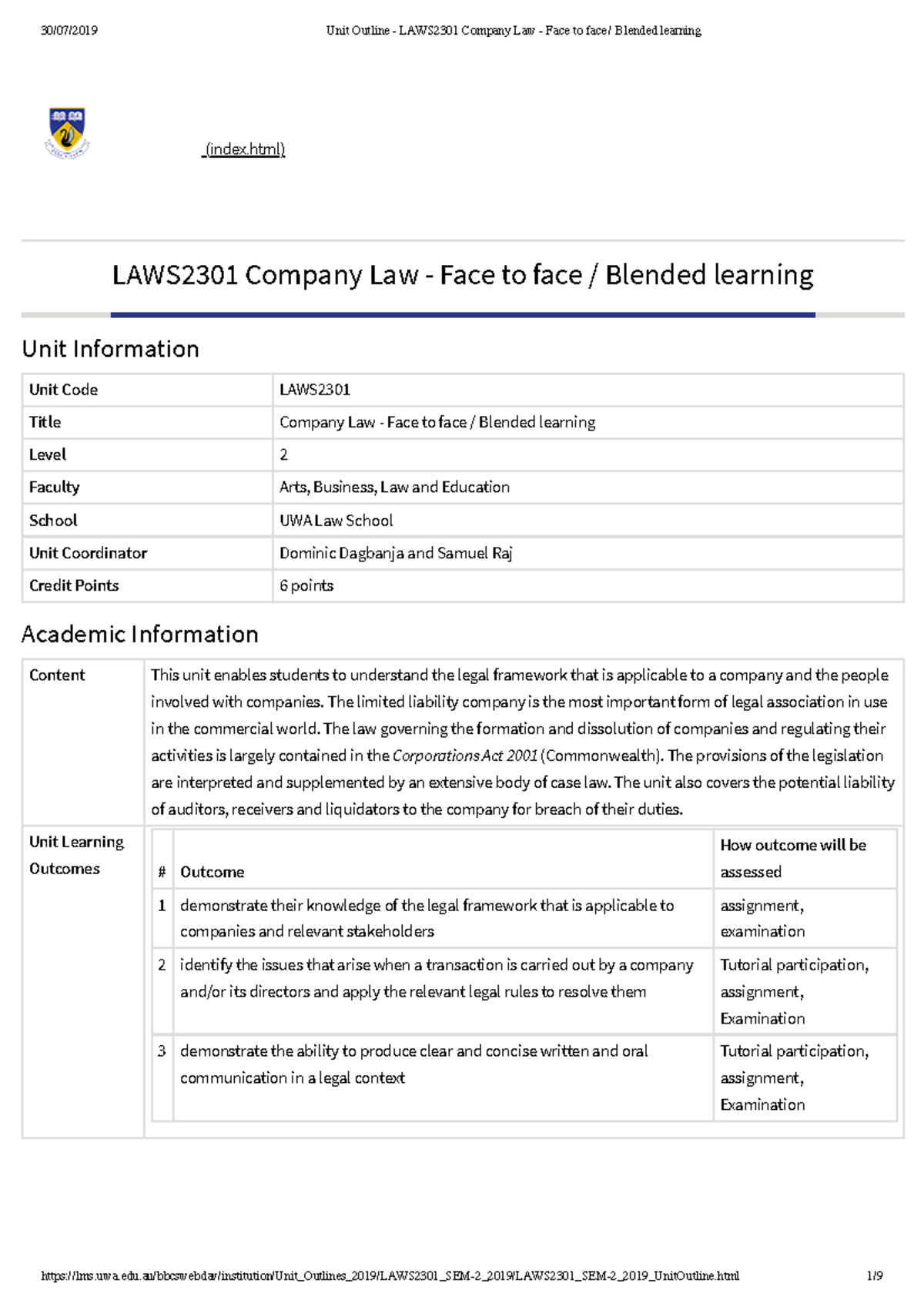 Unit Outline - LAWS2301 Company Law - Face to face Blended learning ...