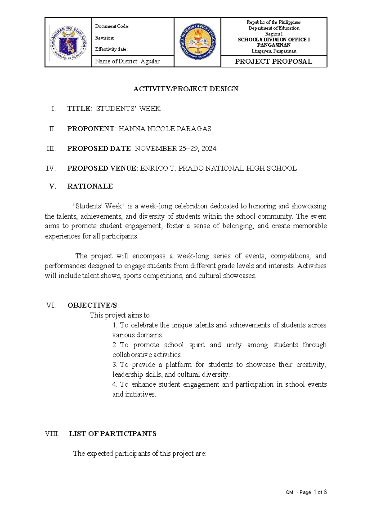 Students' Week - Student - Document Code: Revision: Effectivity date ...