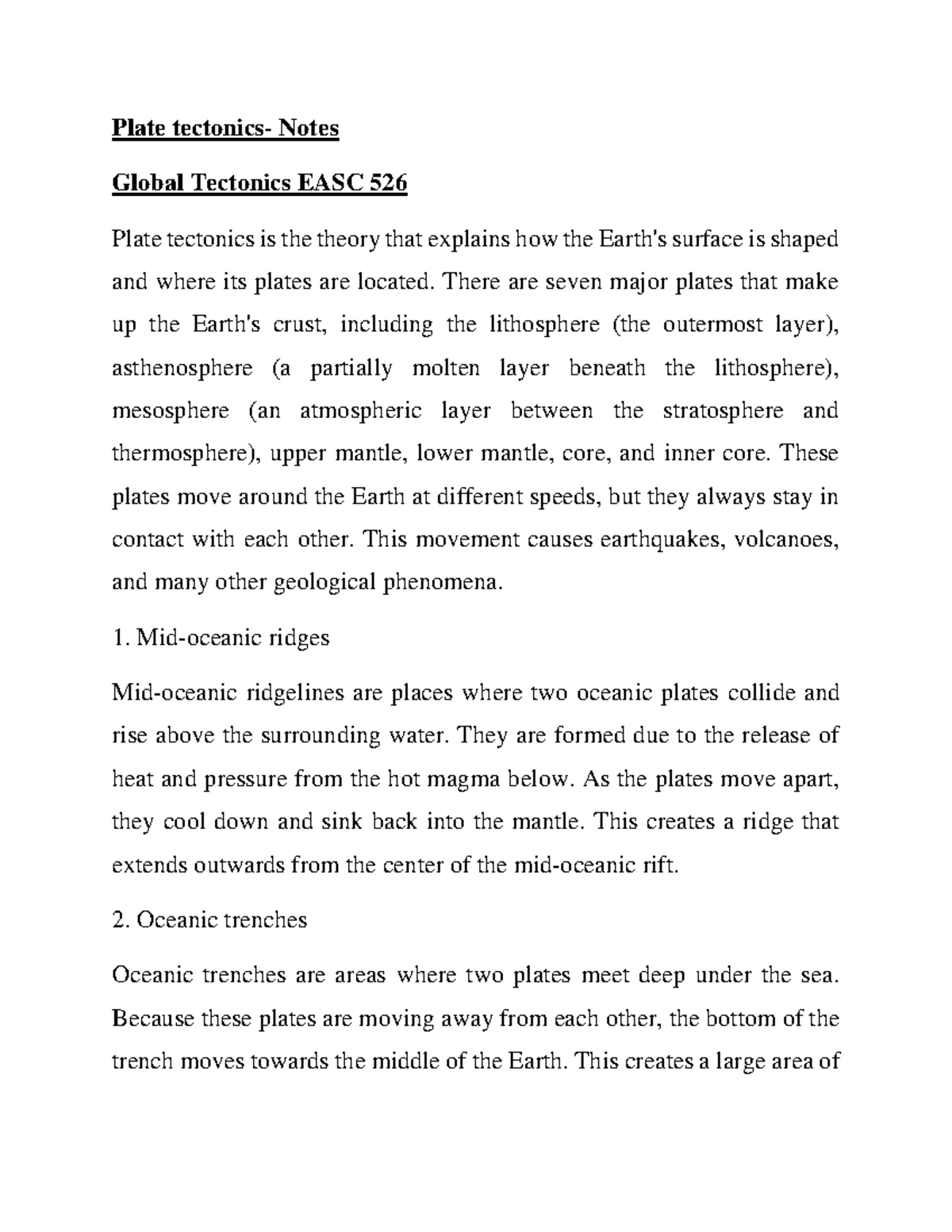 Plate tectonics notes - Plate tectonics- Notes Global Tectonics EASC ...