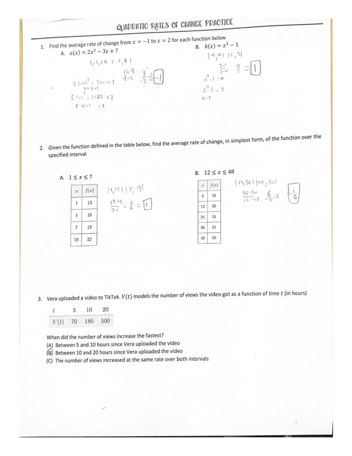 Quadratic Rates OF Change Practice - MATH 100 - Studocu